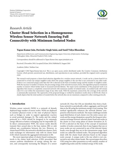 Pdf Cluster Head Selection In A Homogeneous Wireless Sensor Network Ensuring Full Connectivity