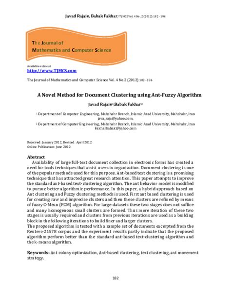 Pdf A Novel Method For Document Clustering Using Ant Fuzzy Algorithm