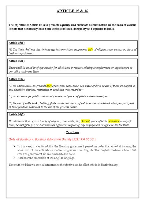 Article 15 And 16 Notes Article 15 And 16 The Objective Of Article 15 Is To Promote Equality And