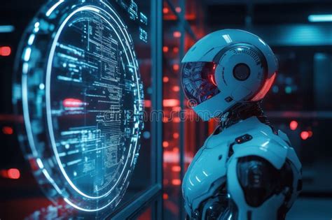 Futuristic Robot Analyzing Data in a High-tech Environment at Night ...