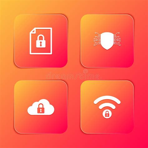 Set Document And Lock Cyber Security Cloud Computing And Wifi Locked