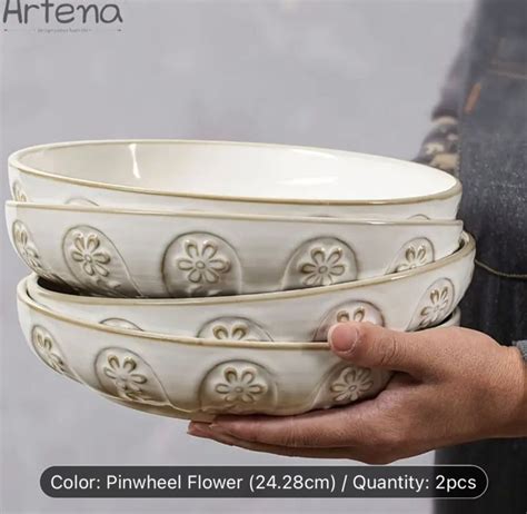 Embossed Ceramic Large Bowls And Aesthetic Design Serving Dinner Plates