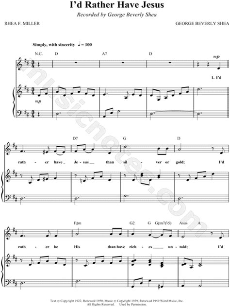 George Beverly Shea Id Rather Have Jesus Sheet Music In D Major