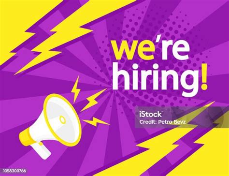 우리는 고용 확성기 만화 스타일 벡터 일러스트 레이 션과 배너 레이아웃 디자인 과시함에 대한 스톡 벡터 아트 및 기타 이미지