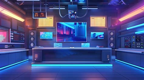 Futuristic Control Room With Blue And Pink Neon Lights Monitors And Speakers Premium Ai