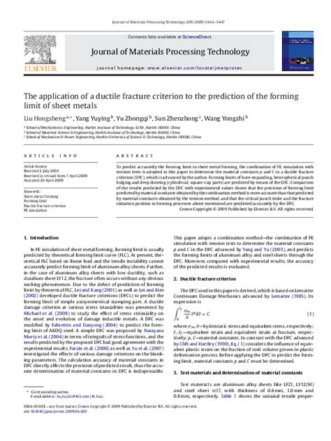 Pdf The Application Of A Ductile Fracture Criterion To The Prediction Of The Forming Limit Of