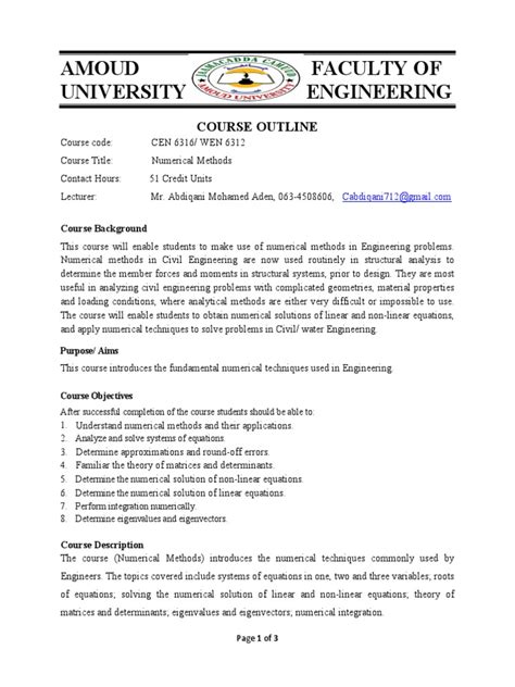 Numerical Methods Course Outline Sep 2021 Pdf Matrix Mathematics