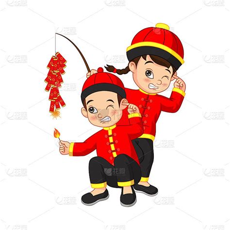 卡通中国孩子拿着爆竹