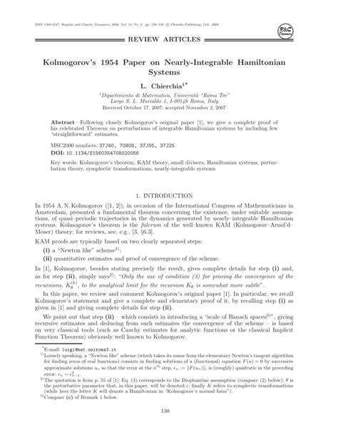 Pdf Kolmogorovs 1954 Paper On Nearly Integrable Hamiltonian Systems