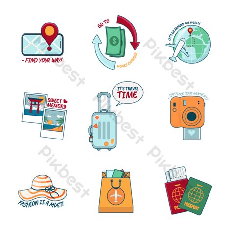 여행 스티커는 빨간색 배경에 고립 된 플랫 스타일로 벡터 일러스트 레이 션을 설정 일러스트 Png Ai 무료 다운로드 Pikbest