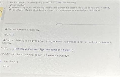 solved for the demand function q d p 279−p find the