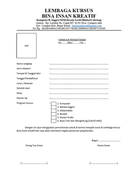 Formulir Pendaftaran Kursus Pdf