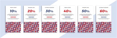 별 기하학적 패턴이있는 수직 프로모션 웹 배너 세트 애국적인 판매 및 소셜 미디어 모바일 앱 이야기에 대한 할인 프로모션 배경 벡터 편집 가능한 배경 Eps 10 개념에