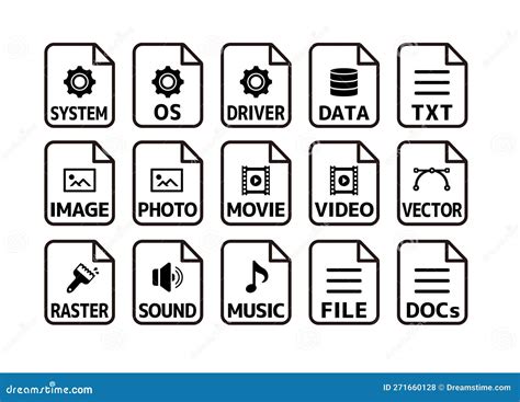 Various File Types Vector Icon Illustration Set Stock Vector