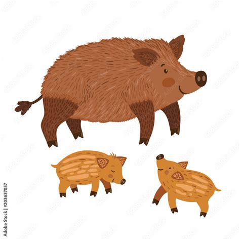 Vector Illustration Of Wild Boar With Babbies Cute Hand Drawing