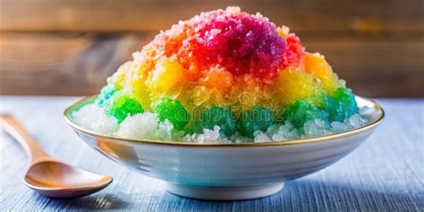 Rainbow Shaved Ice In A Decorative Bowl With Wooden Spoon Generative