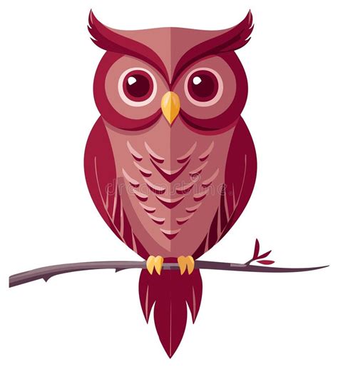 Stylized Burgundy Owl Perched On A Branch Bird Illustration Stock