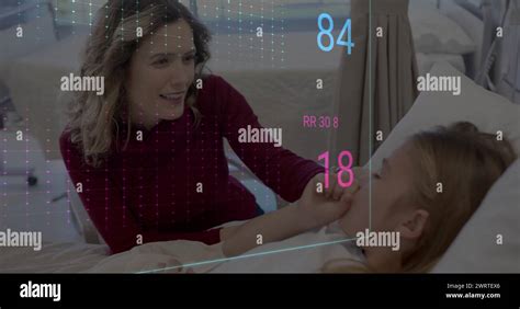 Image Of Data Processing Over Caucasian Female Doctor With Girl Patient