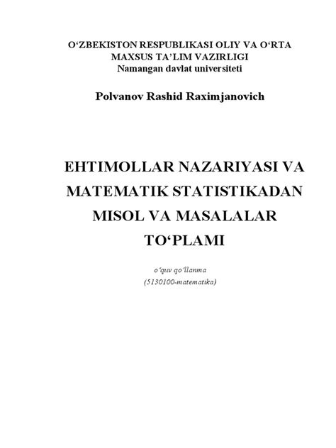 Ehtimollar Nazariyasi Va Matematik Statistikadan Misol Va Masalalar Pdf