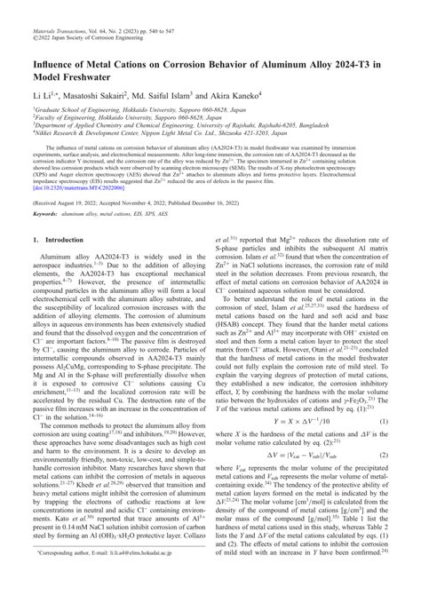 Pdf Influence Of Metal Cations On Corrosion Behavior Of Aluminum Alloy 2024 T3 In Model Freshwater