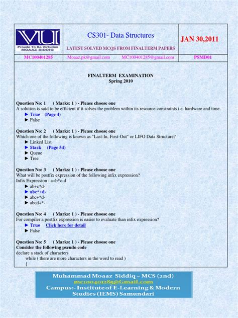 cs301 data structures final term of 2011 mcqs solved with references by moaaz pdf array data