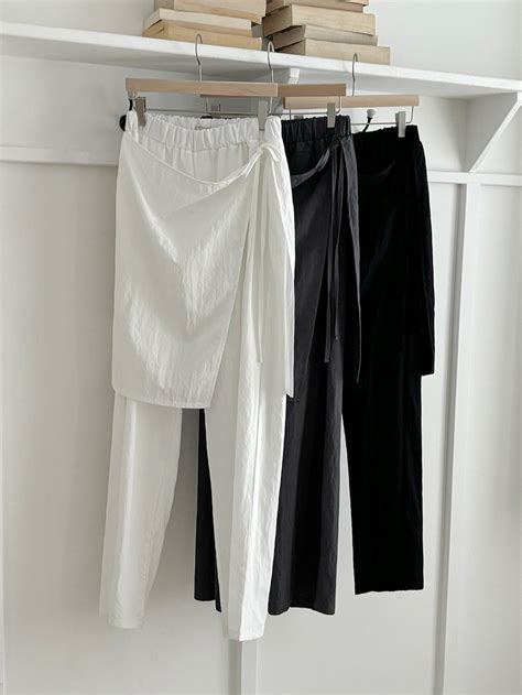 디어앤느 바스락 랩 팬츠 밴딩 스트랩 와이드 치마 레이어드 리본 여름 긴바지 3color Aube