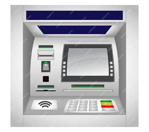 카드용 인터페이스 키패드 슬롯이 있는 현실적인 Atm 기계 격리 또는 Atm 은행 현금 기계 세트 프리미엄 벡터