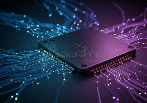 Close Up Of Microchip Circuit Board With Glowing Blue And Purple Connections Stock Illustration