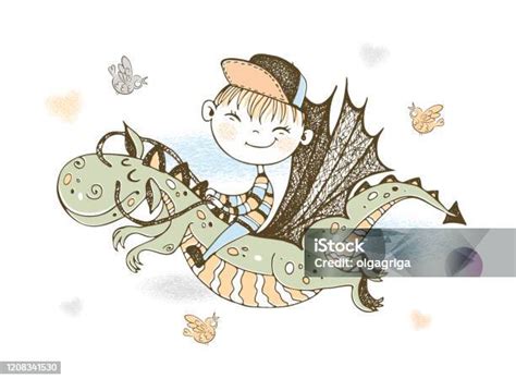 야구 모자를 쓴 어린 소년이 동화 속 용을 타고 날고 있습니다 벡터 우정에 대한 스톡 벡터 아트 및 기타 이미지 우정 공룡 타기 Istock