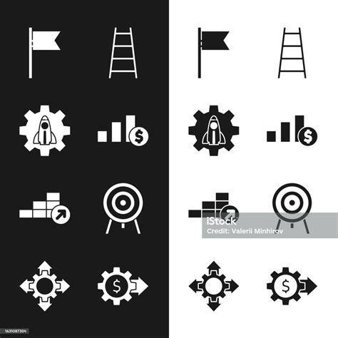 파이 차트 및 달러 시작 프로젝트 개념 위치 마커 마무리 플래그가 있는 계단 재무 성장 목표 기어 및 프로젝트 팀 기본 아이콘을 설정합니다 벡터 개념에 대한 스톡 벡터 아트