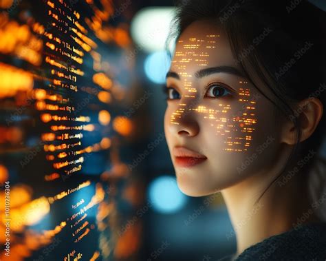 Asian Female Software Developer At Work Computer Screen With Code Projected On Face Innovating