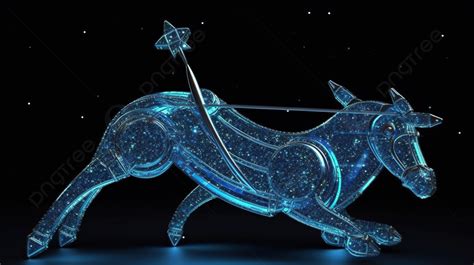 백그라운드에서 별자리와 양식에 일치시키는 파란색 말의 3d 그림 궁수 자리 조디악 표지판의 3d 일러스트 반짝 반짝 빛나는 파란색 궁수 자리 조디악 표지판 고화질 사진