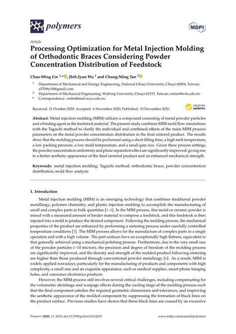 Pdf Processing Optimization For Metal Injection Molding Of Orthodontic Braces Considering