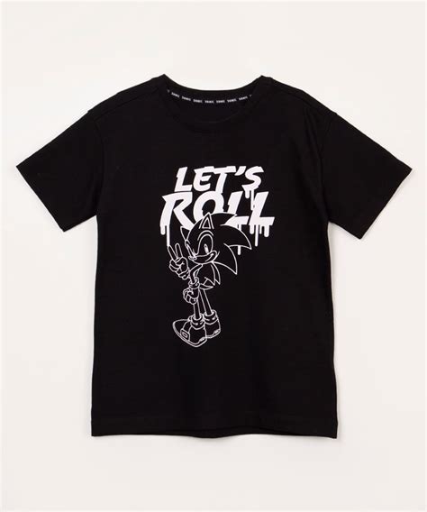 Camiseta De Algodão Infantil Sonic Manga Curta Preto