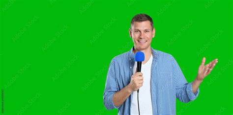Chroma key compositing. Broadcaster with microphone against green screen, banner design Stock ...