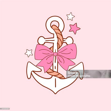 분홍색 활과 함께 귀여운 벡터 앵커 손으로 그린 해양 생물 작품 스티커 티셔츠 로고 인사말 카드 포스터 또는 보육원 인쇄 디자인에 적합합니다 Eps 10 벡터 파일 0명에