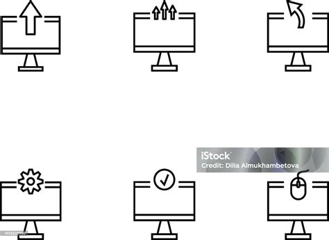 벡터 기호와 검은 색 얇은 선으로 그려진 단색 기호의 선 아이콘 컬렉션 상점 사이트 응용 프로그램에 적합합니다 화살표 기어 체크 마크 컴퓨터 내부의 마우스 개념에 대한 스톡