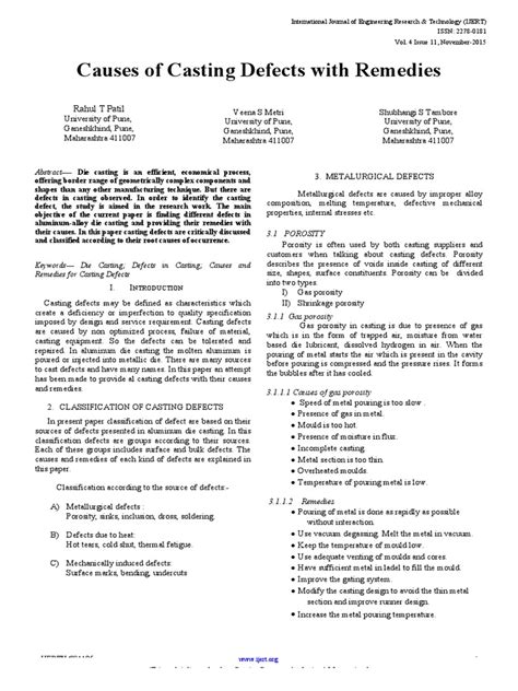 Causes Of Casting Defects With Remedies Pdf Casting Metalworking