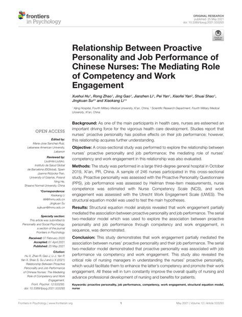 Pdf Relationship Between Proactive Personality And Job Performance Of Chinese Nurses The