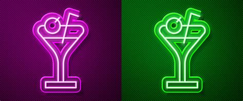 보라색과 녹색 배경에 고립 된 빛나는 네온 라인 마티니 유리 아이콘 칵테일 아이콘 와인 유리 아이콘 벡터 그린 올리브에 대한 스톡 벡터 아트 및 기타 이미지 Istock