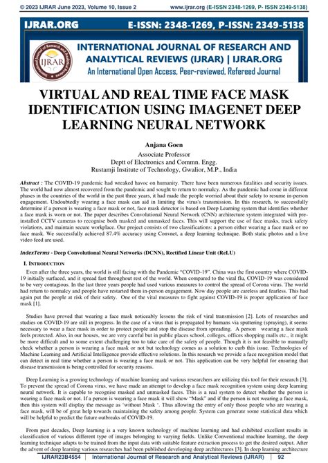 PDF VIRTUAL AND REAL TIME FACE MASK IDENTIFICATION USING IMAGENET DEEP LEARNING NEURAL NETWORK