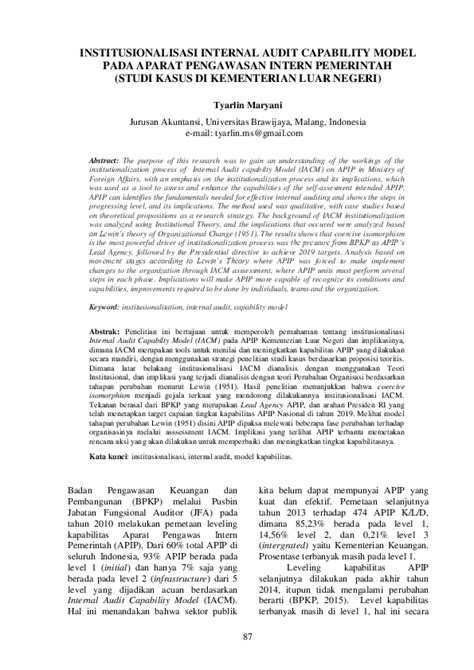 Pdf Institusionalisasi Internal Audit Capability Model Pada Aparat Pengawasan Intern