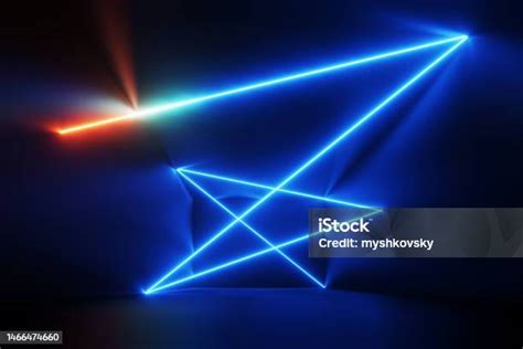 밤에 어두운 방에서 네온 광선 3d 렌더링 그림입니다 레이저에 대한 스톡 사진 및 기타 이미지 레이저 반사 광학 작용 카피 공간 Istock