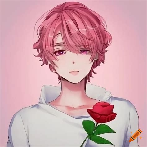 Illustration Of An Anime Yandere Man With Pink Hair And Rose On Craiyon