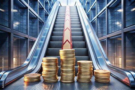 Gold Coins Are Placed At The Base Of A Descending Escalator With A Red