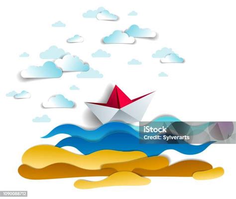 종이 접기 종이 배 장난감 수영 파도 바다와 하늘에 구름에 떠 있는 장난감 보트와 아름 다운 바다 경치의 아름 다운 벡터 일러스트 레이 션 물 여행 여름 휴가 3차원 형태에
