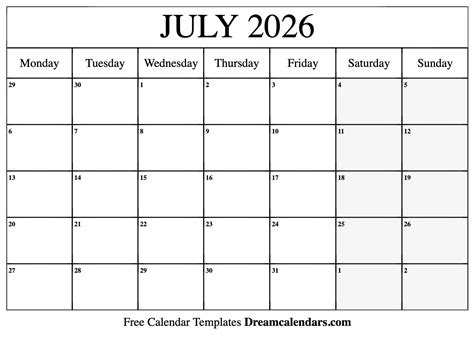 July 2026 Calendar Free Printable With Holidays And Observances