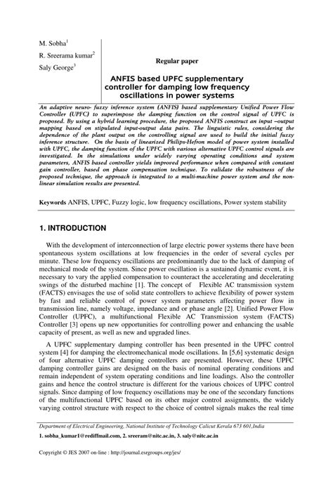 Pdf Anfis Based Upfc Supplementary Controller For Damping Low