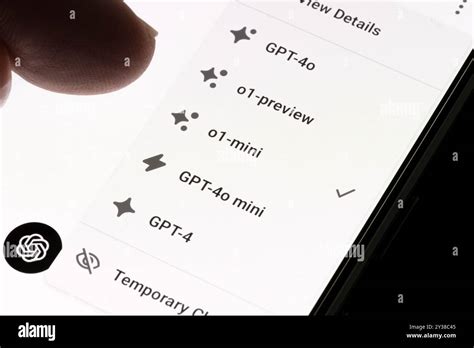 Mobile Screen Displaying Various GPT Models With Finger Interaction Stafford United Kingdom