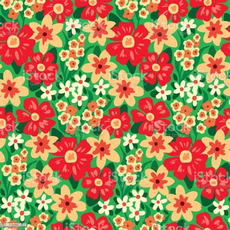 녹색 필드에 작은 귀여운 꽃과 원활한 패턴 꽃이 피는 초원 다양한 꽃 잎이있는 여름 꽃 프린트 아이 꽃 배경 벡터 그림입니다 0명에 대한 스톡 벡터 아트 및 기타 이미지